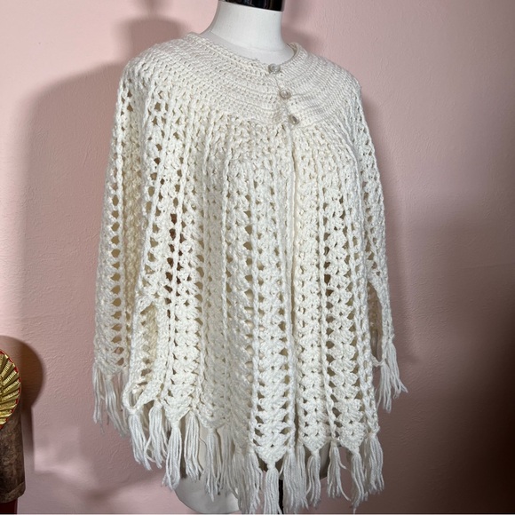 Vintage | Sweaters | Vintage 6 70 Retro Cottagecore White Crochet Knit ...